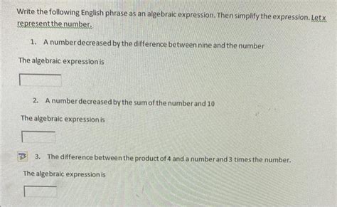 solved write the following english phrase as an algebraic