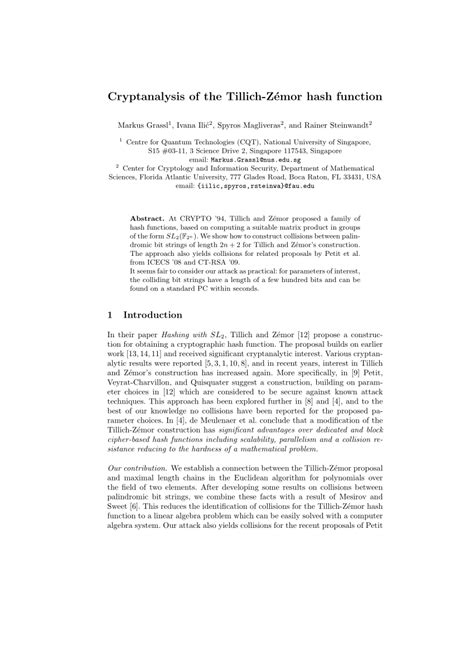 Pdf Cryptanalysis Of The Tillich Zmor Hash Function
