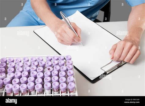 Female Lab Technician Preparing A Medical Report Stock Photo Alamy