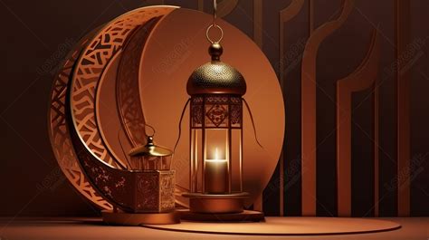 3d 렌더링에 아라비아 랜턴과 초승달이 있는 제품 연단 3d 배경 연단 배경 달이 배경 이미지 Hd 3d 연단 달이