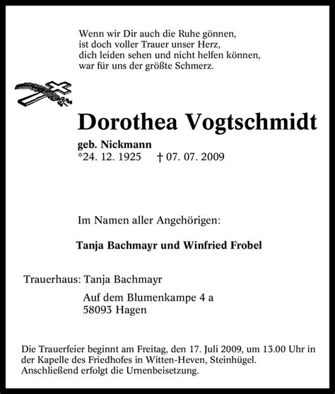 Traueranzeigen Von Dorothea Vogtschmidt Trauer In Nrw De