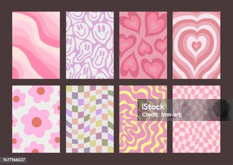 멋진 그루비 패턴 포스터 컬렉션 Y2k 물결 모양의 텍스처 세트입니다 트렌디한 추상 기하학적 90년대 배경 펑키 레트로 빈티지 배경 패턴에 대한 스톡 벡터 아트 및 기타