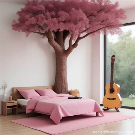 Wooden Treehouse With Pink Bed And Guitar Stable Diffusion Online