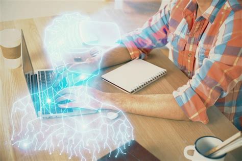 Premium Photo Ar Hologram With Man Working On Computer On Background Augmented Reality Concept