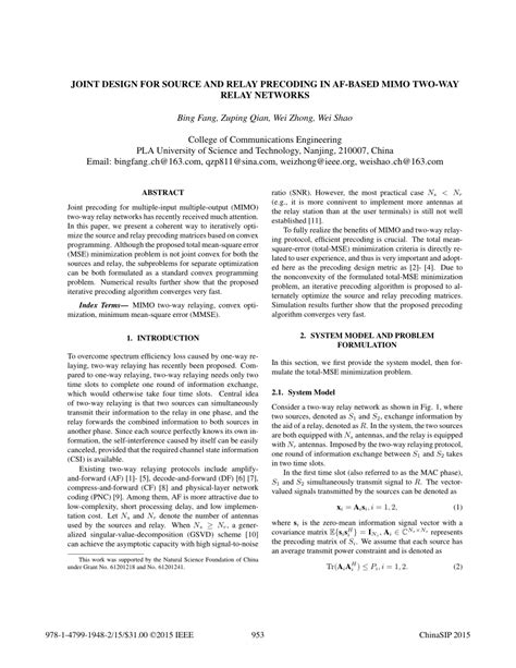 Pdf Joint Design For Source And Relay Precoding In Af Based Mimo Two Way Relay Networks