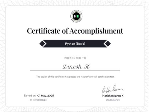 it s my first certification by hackerrank dinesh k
