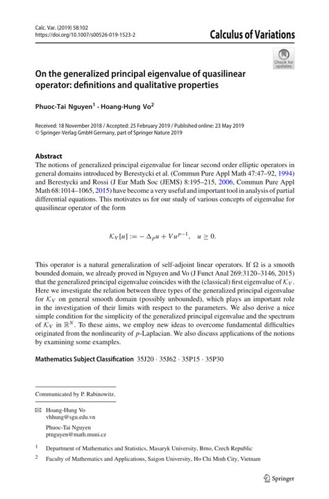 Pdf On The Generalized Principal Eigenvalue Of Quasilinear Operator