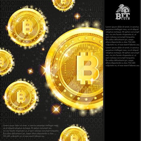 golden bitcoins on dark abstract background with binary code stock