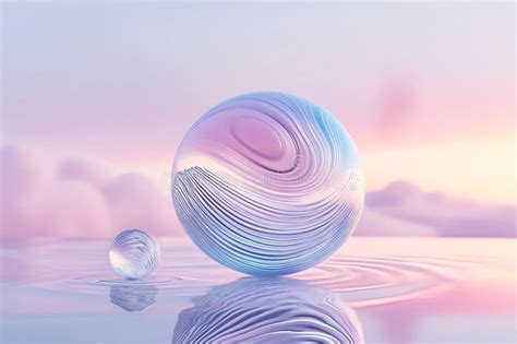 Abstract Sphere With Reflective Surface On Calm Water Pastel Sky