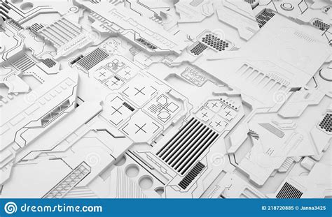 Macro Rendering Of A Futuristic Electronic Printed Circuit Board With