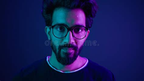 Close Up Portrait Arabian Indian Man Guy Male Programmer Coder Put On Glasses 3d Dimension Focus