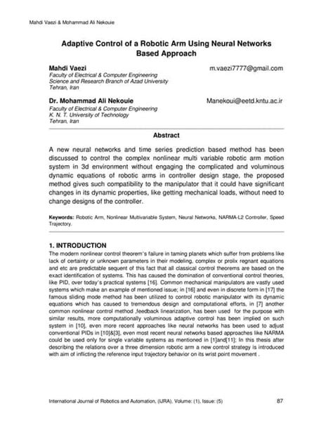 Adaptive Control Of A Robotic Arm Using Neural Networks Based Approach Pdf