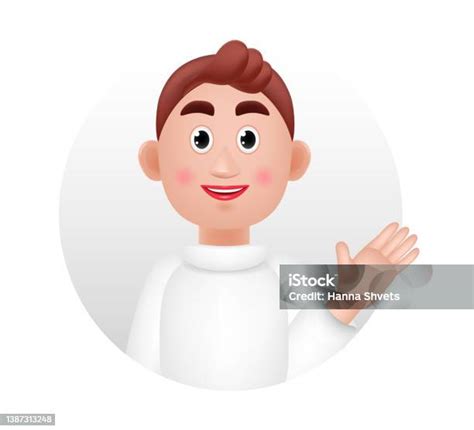 아바타 챗봇 일러스트레이션을 위한 3d 인물의 이미지 흰색 스웨트셔츠를 입은 한 남자가 친절한 태도로 손을 흔들고 있다 만화