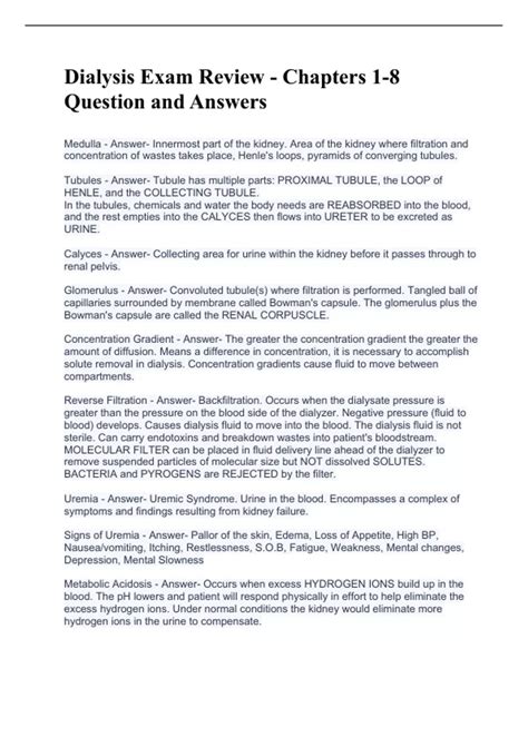 Dialysis Exam Review Chapters 1 8 Question And Answers Dialysis Stuvia Us