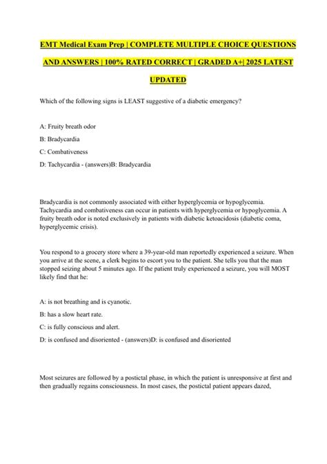 EMT Medical Exam Prep COMPLETE MULTIPLE CHOICE QUESTIONS AND ANSWERS 100 RATED CORRECT