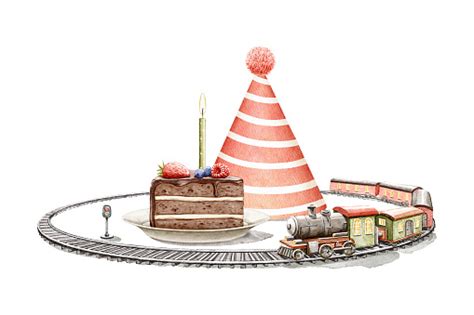 기차 생일 케이크 및 콘 모자가있는 수채화 장난감 둥근 철도 파티 모자에 대한 스톡 벡터 아트 및 기타 이미지 파티 모자