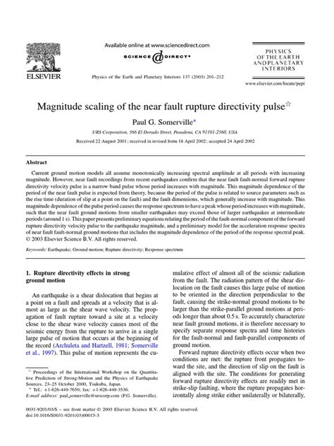 Magnitude Scaling Of The Near Fault Rupture Directivity Pulse Pdf