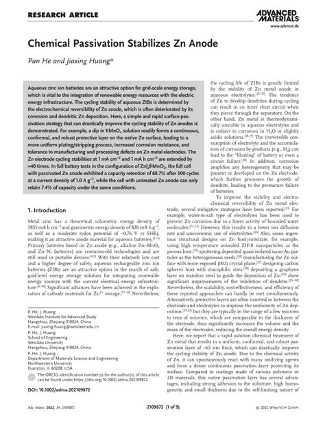 Chemical Passivation Stabilizes Zn Anode Request Pdf
