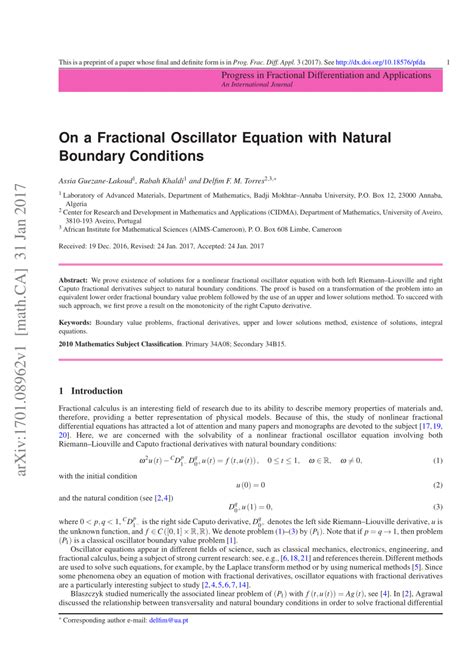 Pdf On A Fractional Oscillator Equation With Natural Boundary Conditions