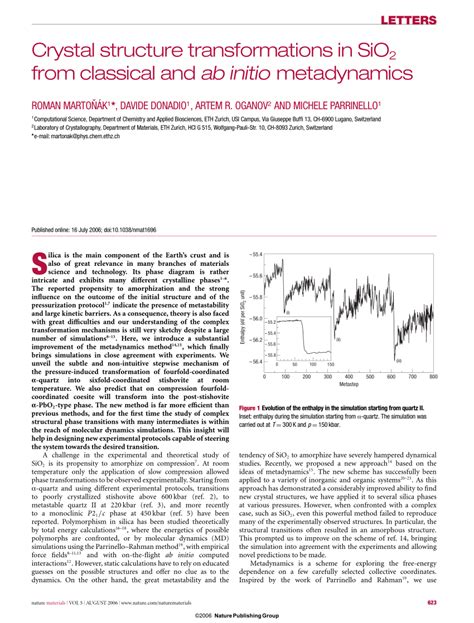 Pdf Crystal Structure Transformations In Sio2 From Classical And Ab Initio Metadynamics