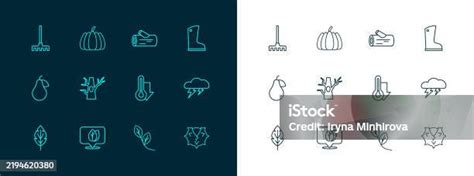 세트 라인 방수 고무 부츠 잎 온도계 잎 벌거 벗은 나무 나무 통나무 정원 갈퀴 및 호박 아이콘이있는 위치 벡터 10월에 대한 스톡 벡터 아트 및 기타 이미지 Istock