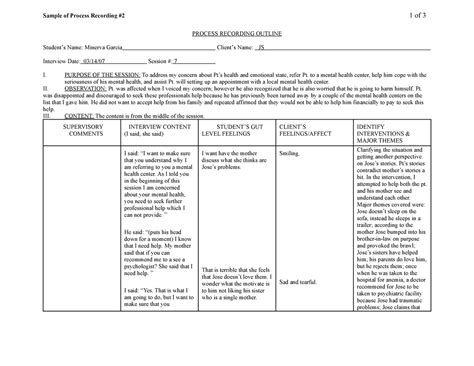 Process Recording Example 1 Sample Of Process Recording 2 1 Of 3 Process Recording Outline