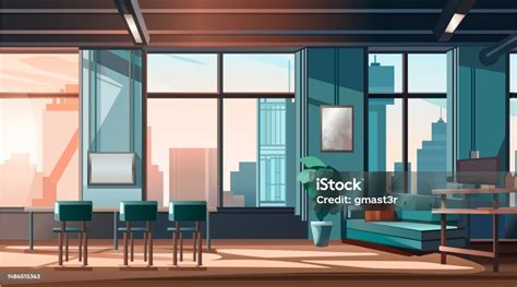 기업 또는 프리랜서 작업을 위한 가구가 있는 현대적인 로프트 인테리어 열린 공간 홈 오피스의 탁 트인 전망 0명에 대한 스톡