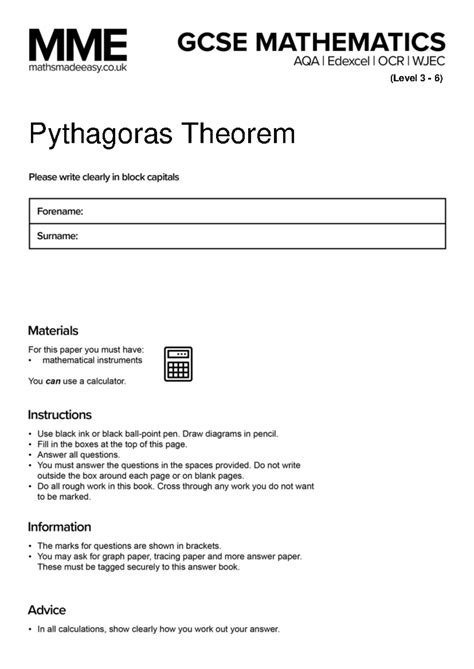 Pythagoras Theorem Questions MME Pythagoras Theorem Level 𝐴𝐵𝐶 is a right angled