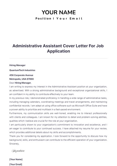 Free Administrative Assistant Cover Letter For Job Application Template