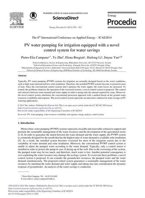 Pdf Pv Water Pumping For Irrigation Equipped With A Novel Control System For Water Savings