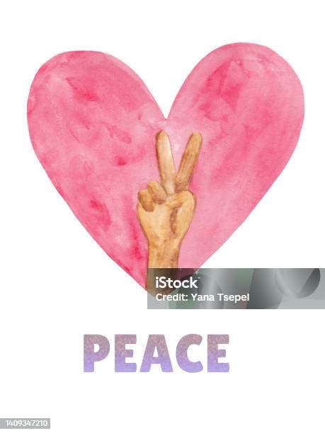 평화 표지판을 보여주는 손으로 수채화 그림 심장 모양 사랑 평등 존중 히피 스타일 손 제스처 디자인 장식 엽서 종이를 위해 흰색 배경에 고립 된 요소 복고풍에 대한 스톡
