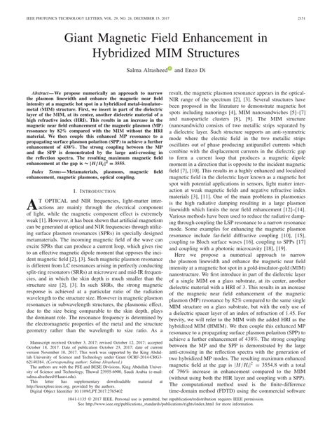 Pdf Giant Magnetic Field Enhancement In Hybridized Mim Structures