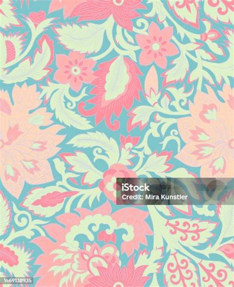 꽃과 나뭇잎으로 매끄러운 반복 가능한 패턴 손으로 그린 디지털 그림 60년대 분위기 히피 스타일 페이 즐 리 화려한 이미지 개성 개념에 대한 스톡 벡터 아트 및 기타 이미지