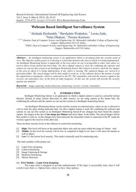 Webcam Based Intelligent Surveillance System Research Inventy