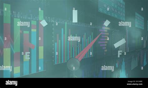 Image Of Speedometer And Statistical Data Processing Against Spots Of Light On Blue Background