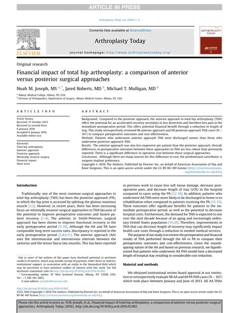 Pdf Financial Impact Of Total Hip Arthroplasty A Comparison Of Anterior Versus Posterior