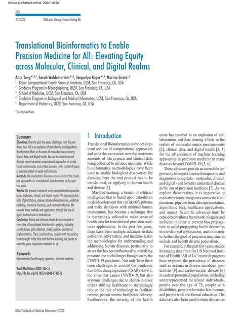 Pdf Translational Bioinformatics To Enable Precision Medicine For All