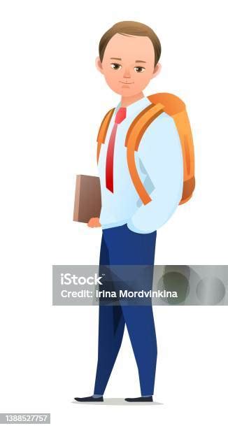 예쁜 어린 소년 학생 쾌활한 남학생 스탠딩 포즈 만화 스타일의 만화 플랫 디자인 단일 문자입니다 흰색 배경에 격리된 그림입니다