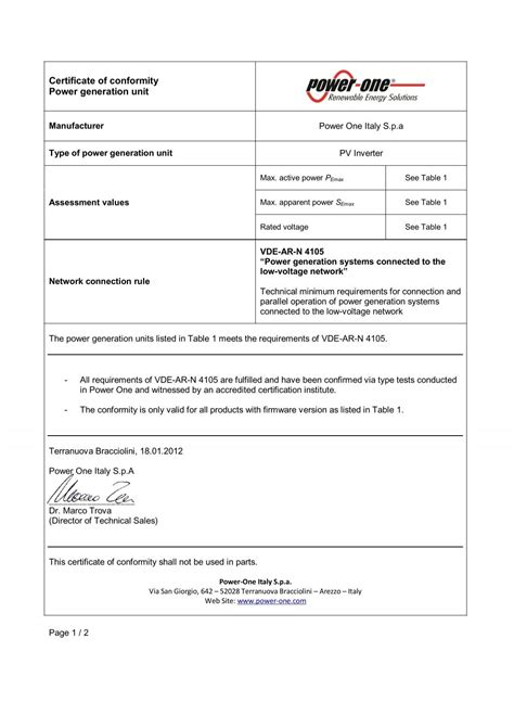 Certificate Of Conformity Power Generation Unit Power One