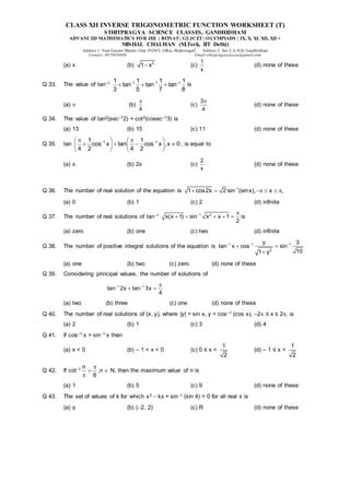 Class Xii Inverse Trigonometric Function Worksheet T PDF Worksheets Library