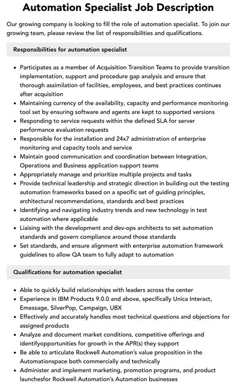 Automation Specialist Job Description Velvet Jobs