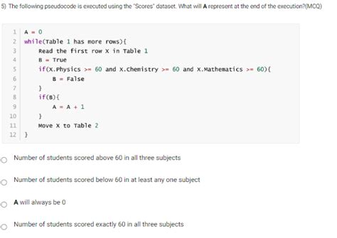 5 The Following Pseudocode Is Executed Using The Scores Dataset What Will A Represent At The