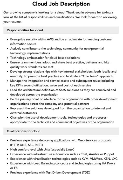 Cloud Job Description Velvet Jobs