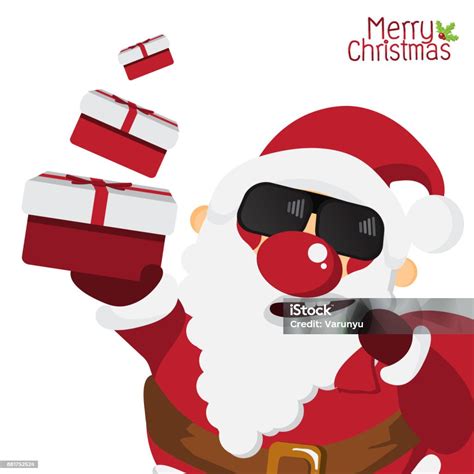흰색 절연된 배경 메리 크리스마스와 휴일 개념에 선글라스와 스마트 산타 캐릭터 만화 인사말 카드와 포스터 벡터 일러스트 레이 션 디자인 12월에 대한 스톡 벡터 아트 및