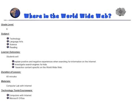 Where In The World Is The Wide Web Lesson Plan For 6th Grade Lesson