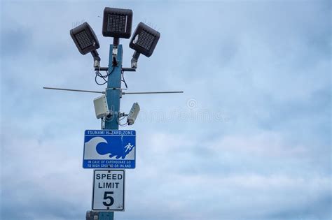 Coastal Safety Tsunami Surveillance And Speed Limit Sign In Los Angeles