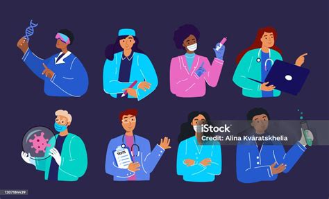 코트와 끈을 착용 하는 친절한 의사의 번들 노트북 백신 주사기 의료진 구급대원 외과 의사 의사 간호사를 가진 남성과 여성 의료 종사자의 초상화 세트 플랫 벡터 일러스트레이션