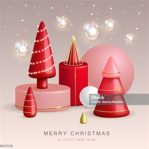 현실적인 3d 플라스틱 크리스마스 트리와 크리스마스 휴가 배경 메리 크리스마스와 새해 복 많이 받으세요 인사말 카드 벡터 일러스트 레이 션 12월 31일에 대한 스톡 벡터