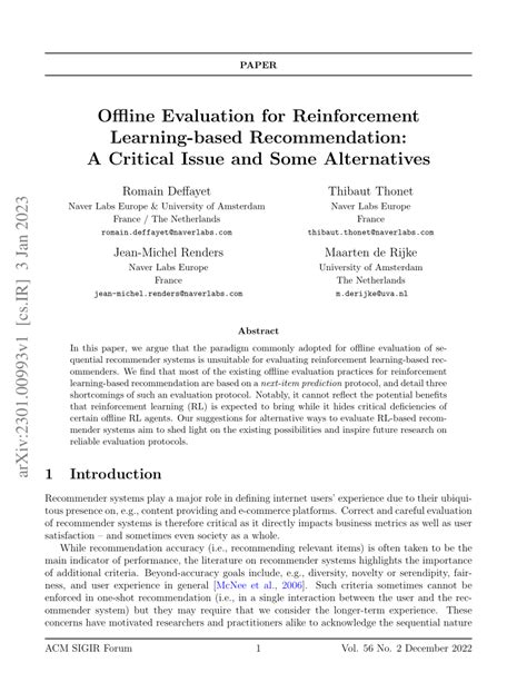 Pdf Offline Evaluation For Reinforcement Learning Based