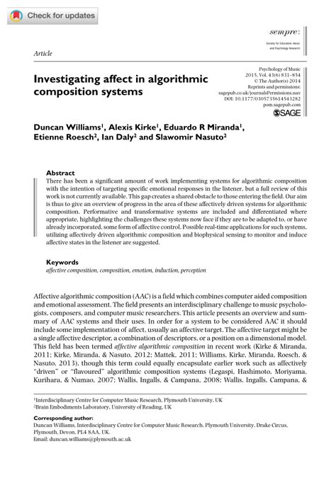 Pdf Investigating Affect In Algorithmic Composition Systems